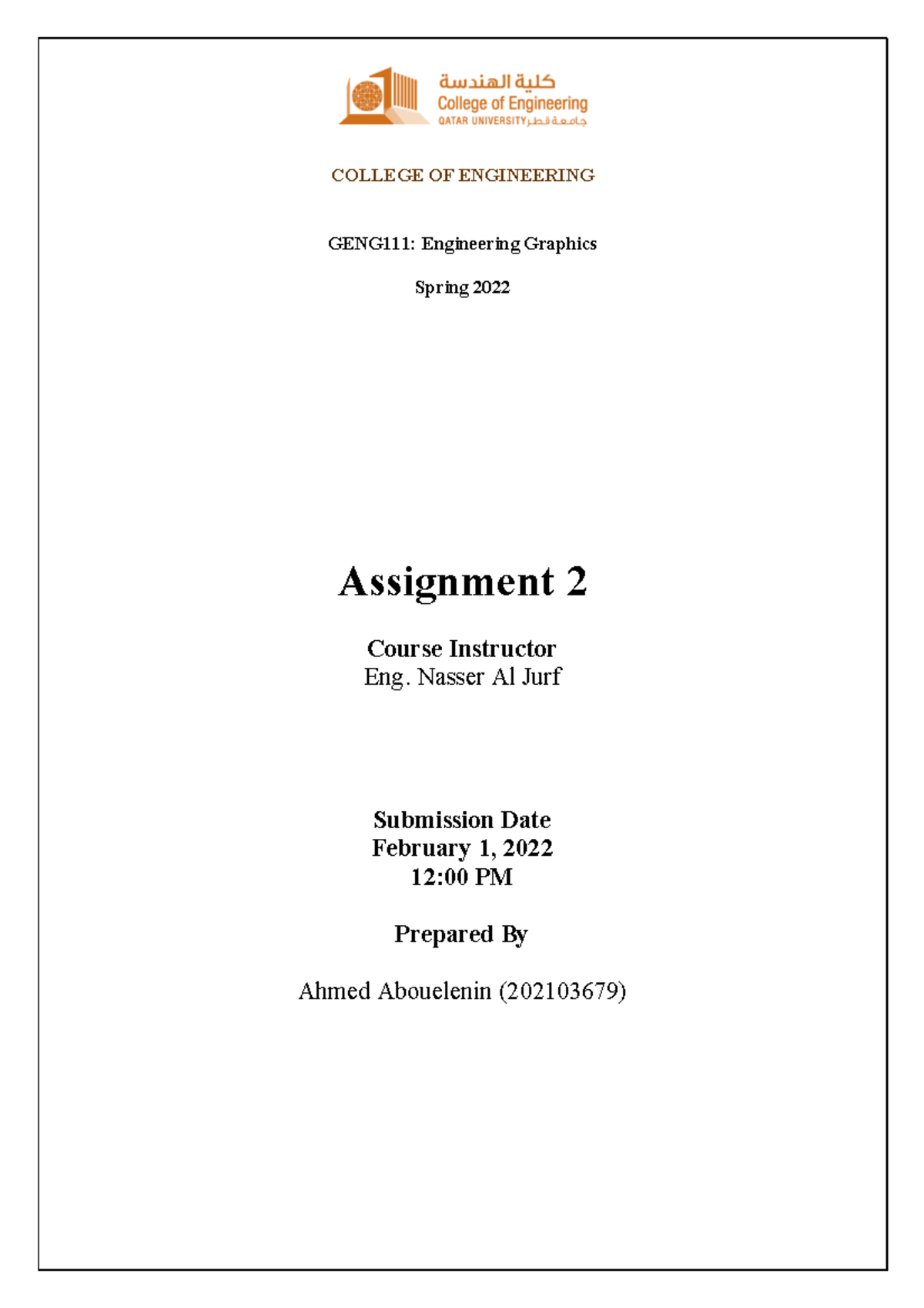 Assignment 3 - COLLEGE OF ENGINEERING GENG111: Engineering Graphics ...