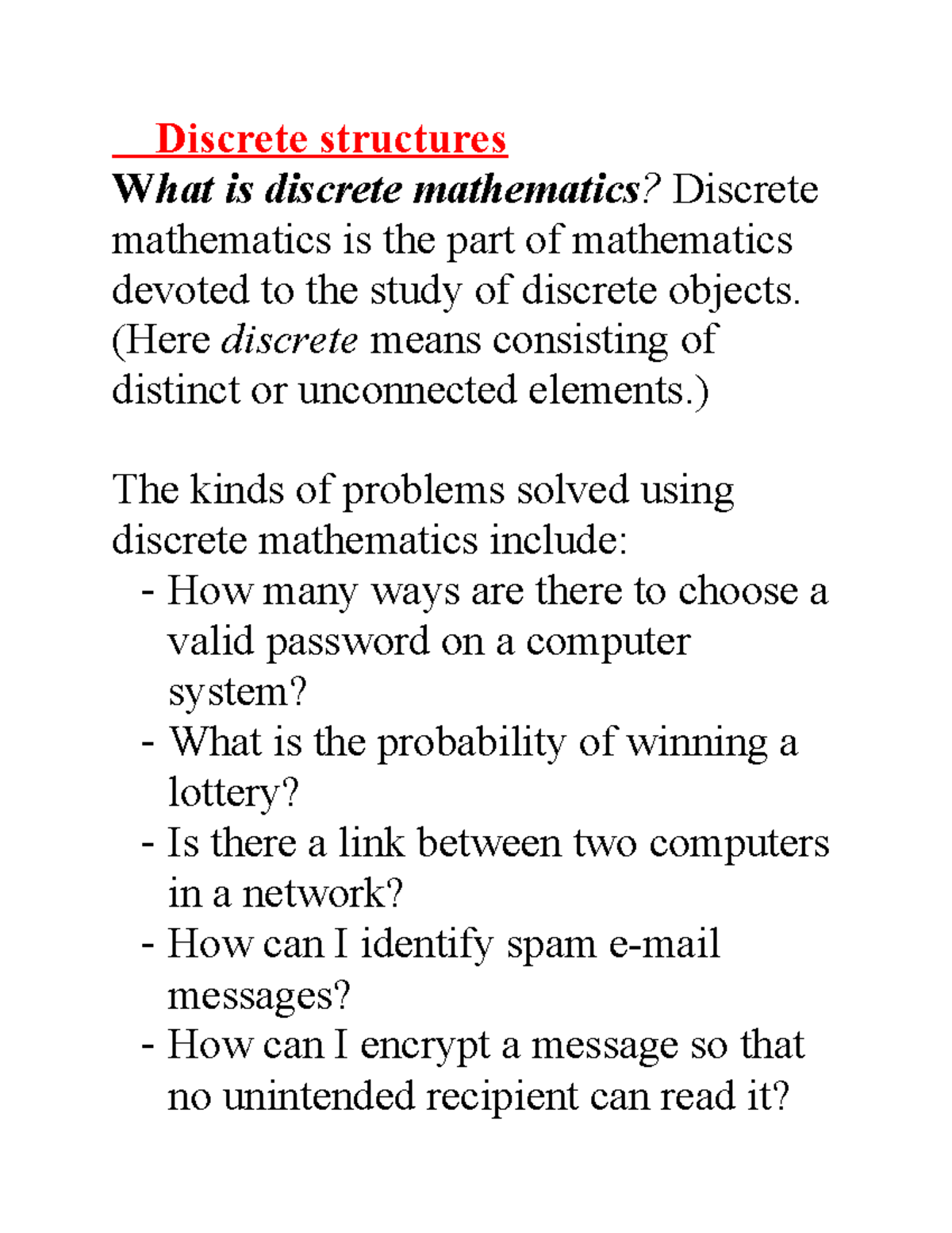 Discrete structures-lesson 1 updated - Discrete structures What is discrete mathematics ...