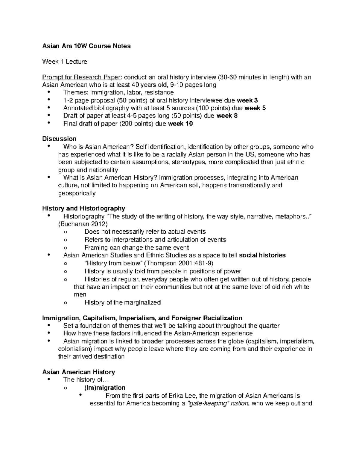 Asian Am 10W Course Notes - ." (Buchanan 2012) o Does not necessarily ...