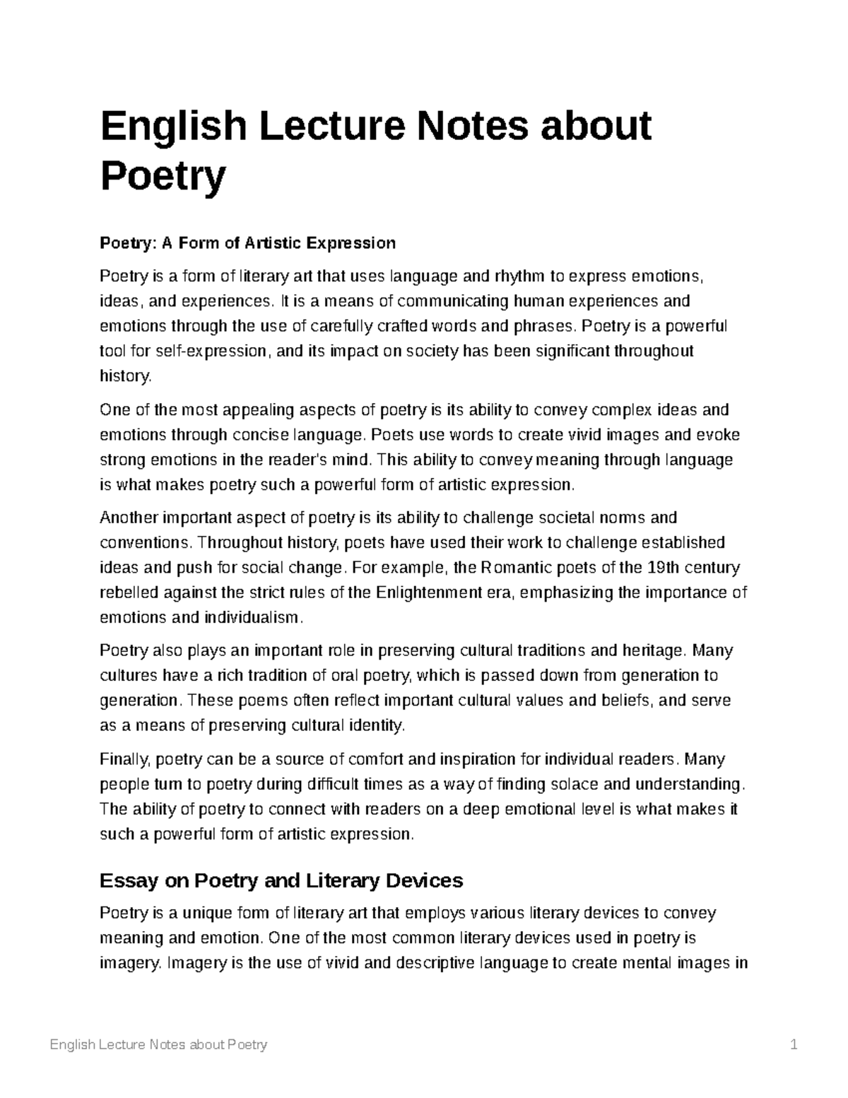 English Lecture Notes about Poetry - It is a means of communicating ...