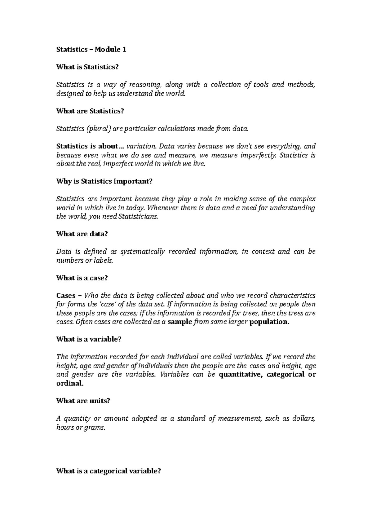 Statistics - Notes Tutorial 1 - Statistics – Module 1 What is ...