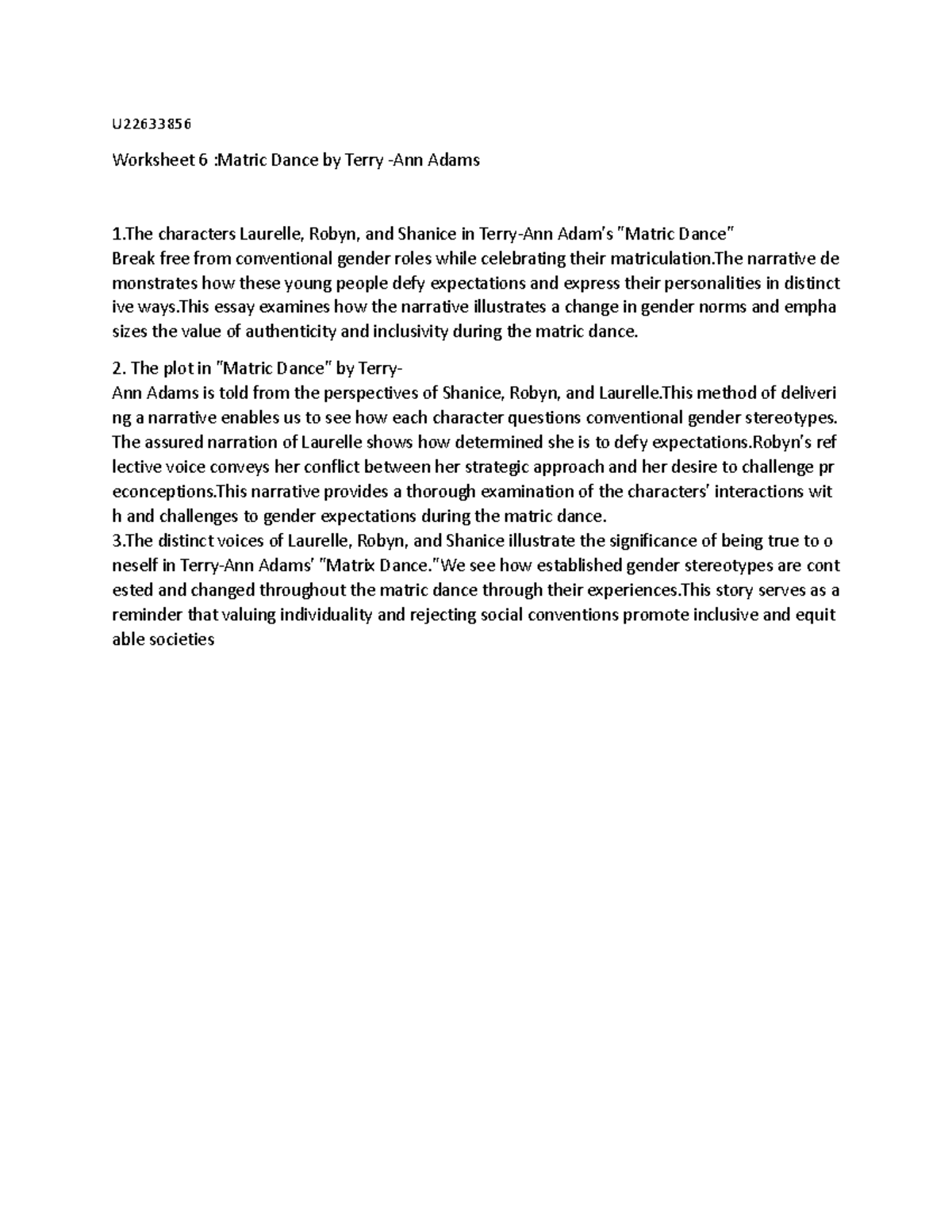 Worksheet 6 - U Worksheet 6 :Matric Dance by Terry -Ann Adams 1 ...