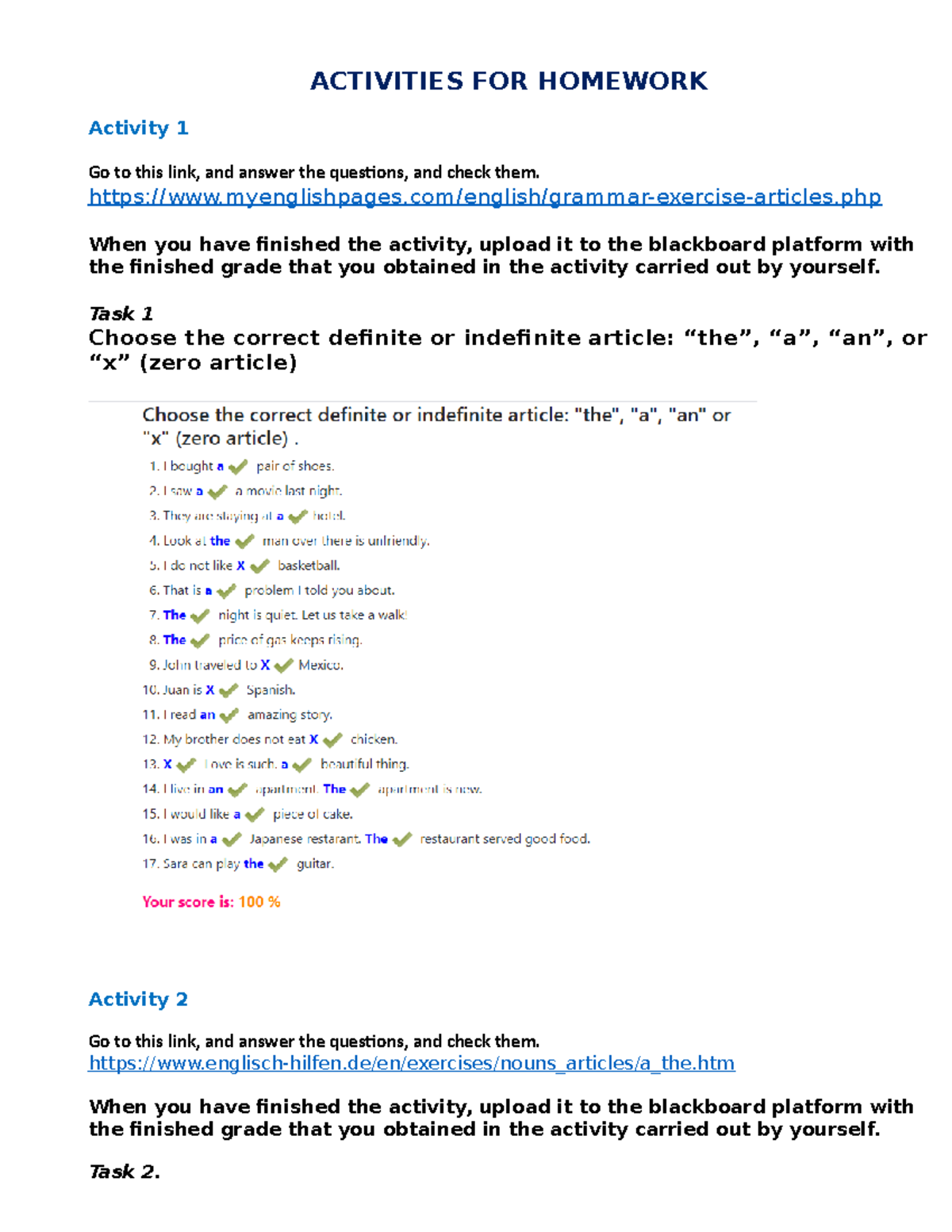 Activities FOR Homework - ACTIVITIES FOR HOMEWORK Activity 1 Go to this ...