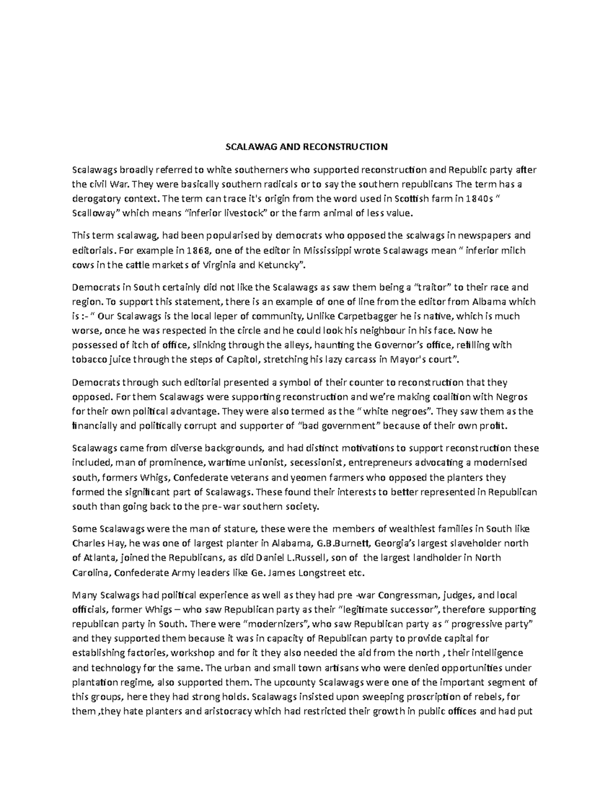 Document (19) - USA History - Sem 2 Scalawags and Reconstruction ...