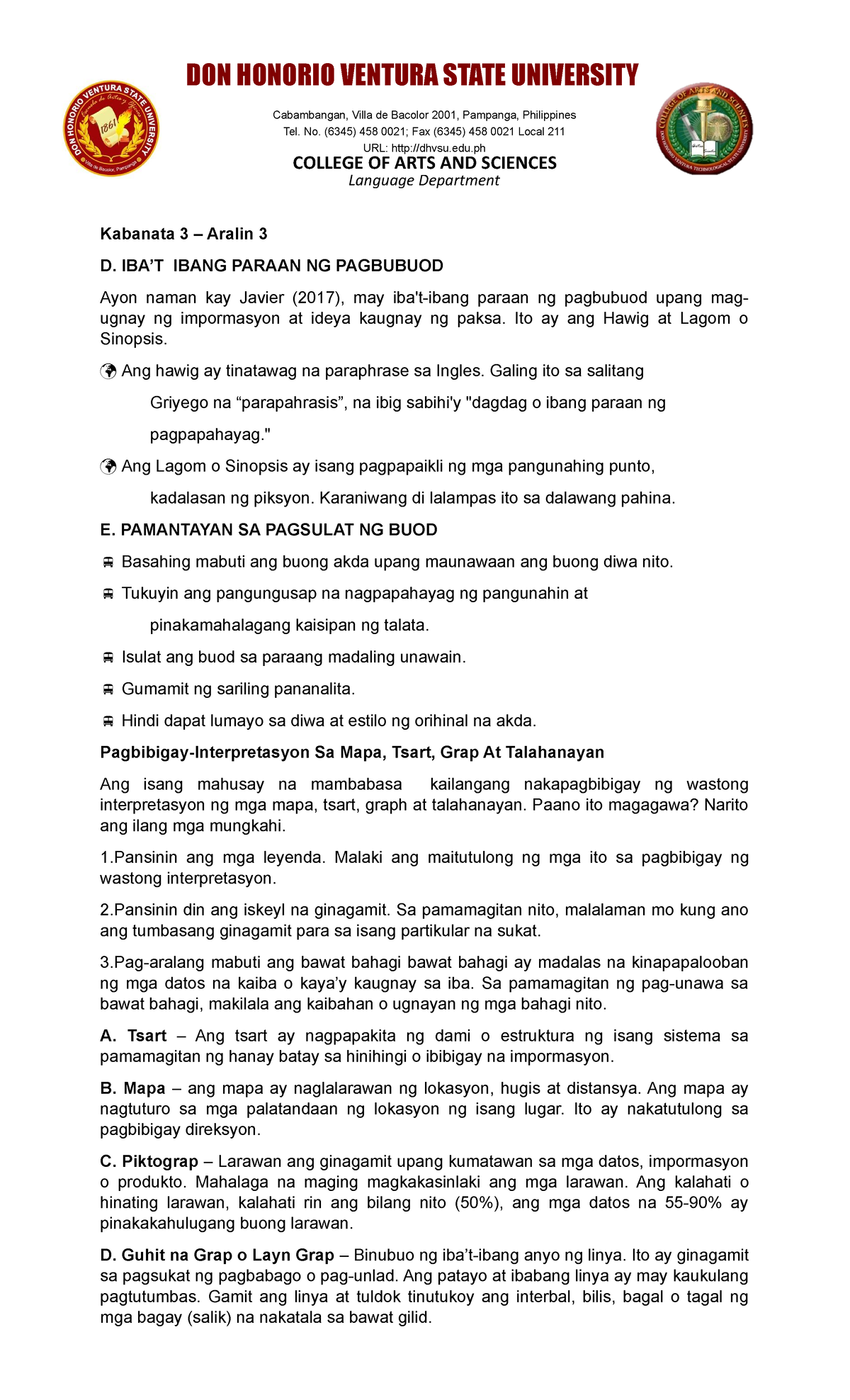 Kabanata 3 - Aralin 3a - Lecture notes 3 - Kabanata 3 – Aralin 3 D. IBA ...