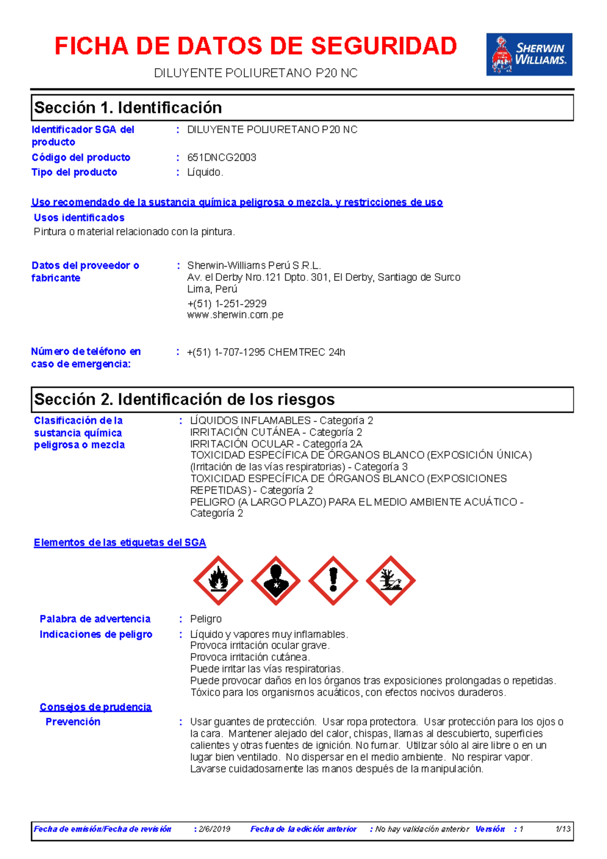 H.S. Diluyente Poliuretano P20 NC SW - FICHA DE DATOS DE SEGURIDAD ...
