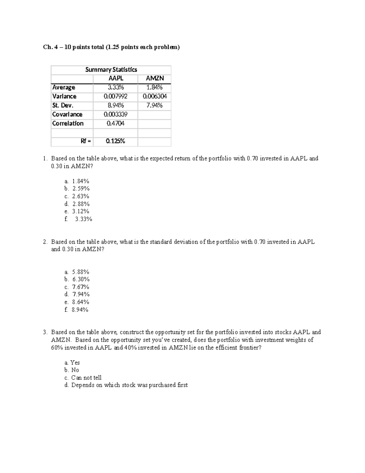 Ch. 4 HW - word doc with Questions - 2024 - Ch. 4 – 10 points total (1 points each problem) AAPL ...