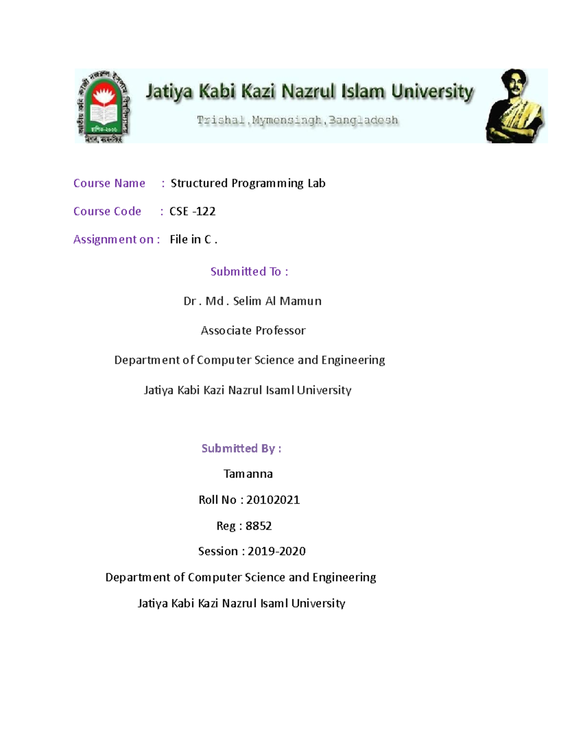 Tamanna's file cse 14 batch 2019-2020 - Course Name : Structured ...