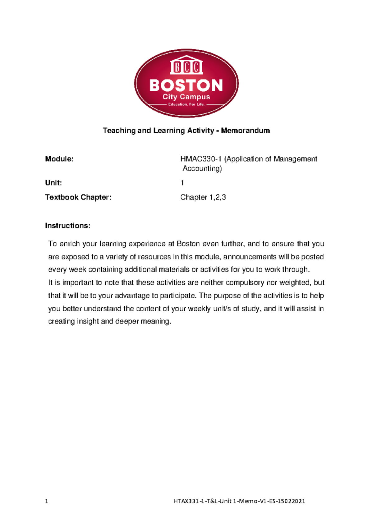 HMAC330-1 T&L Week 1 Unit 1 Chapter 1& 2& 3 Memo V1 ES 15022021 - 1 ...