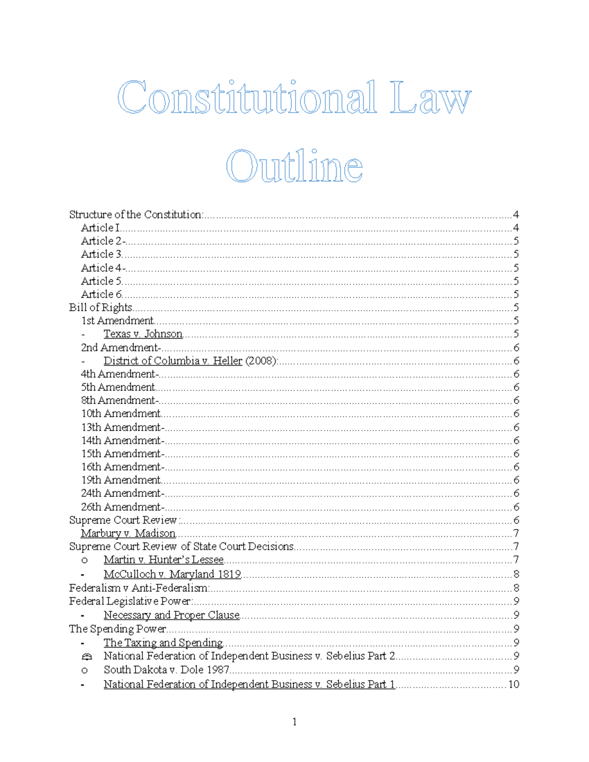 Con Law Outline - Herman (2018 ) - Constitutional Law Structure of the ...