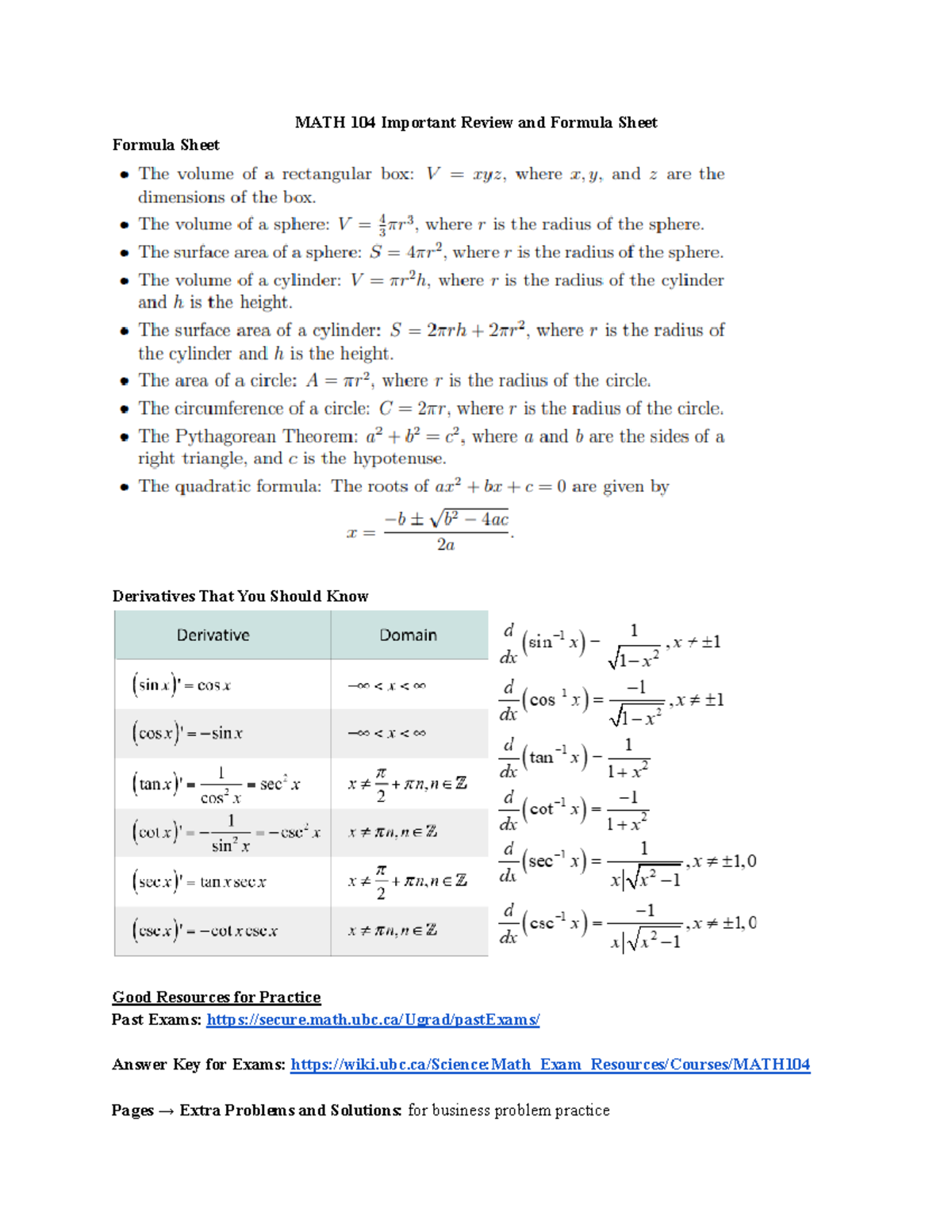 MATH 104 Important Review and Formula Sheet - math.ubc/Ugrad/pastExams ...