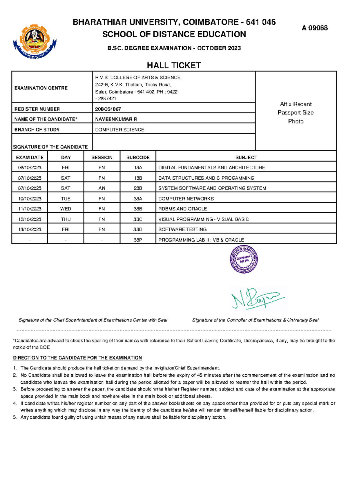 Hall Ticket - BHARATHIAR UNIVERSITY, COIMBATORE - 641 046 SCHOOL OF ...