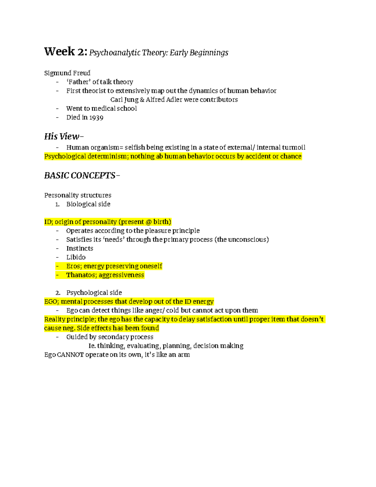 PSYC 335 Week 2 Notes - Week 2: Psychoanalytic Theory: Early Beginnings ...