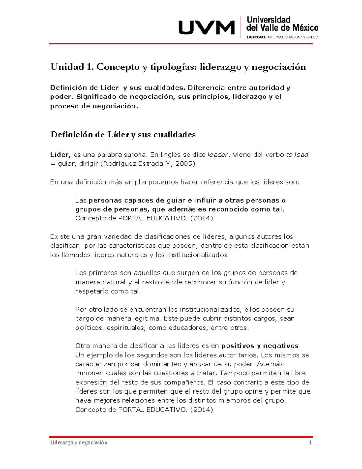 U1 1 Definici n de l der y sus cualidades - Unidad 1. Concepto y tipologías: liderazgo y ...