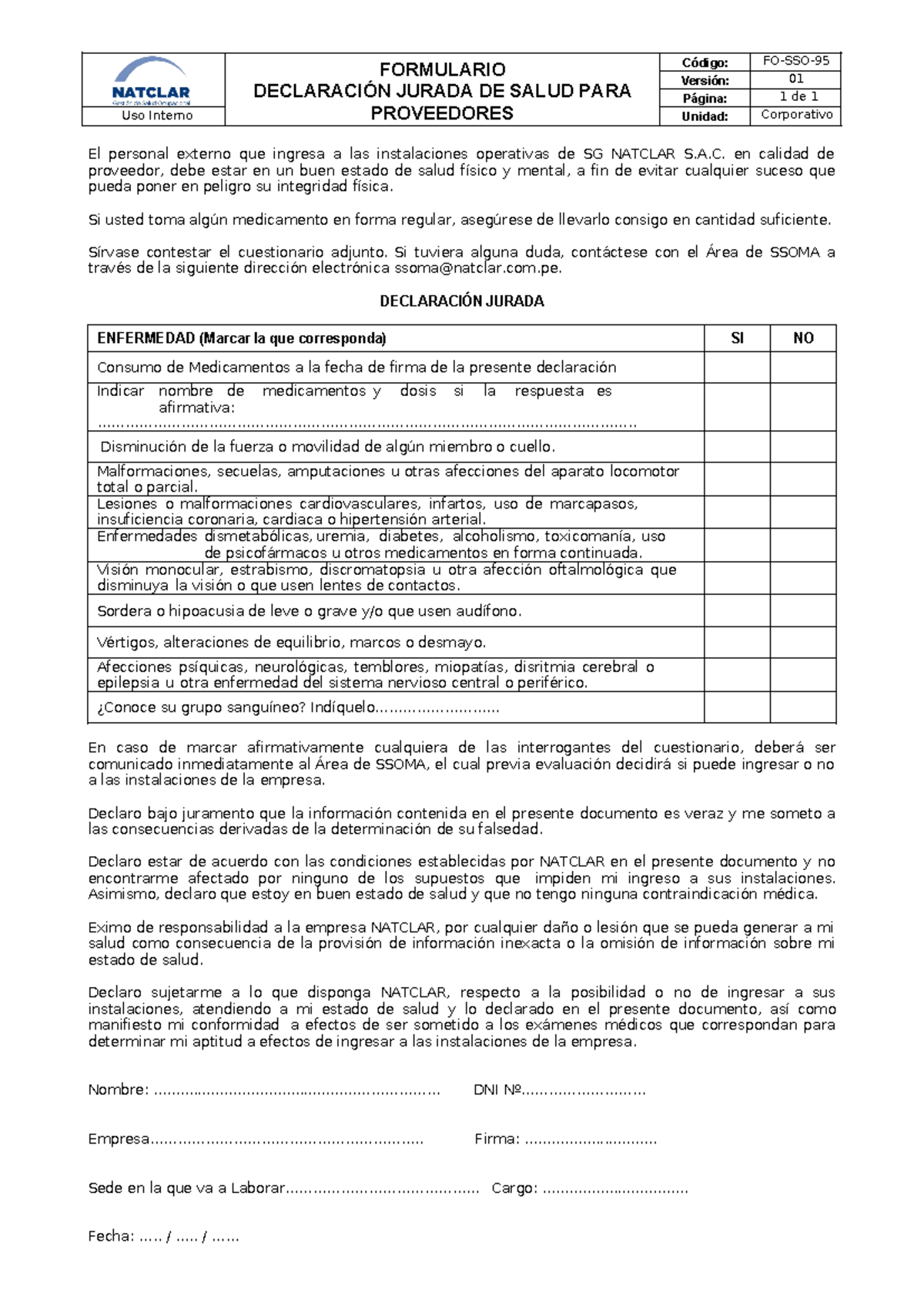 FO-SSO-95 DJ de salud - DGGGG - FORMULARIO DECLARACIÓN JURADA DE SALUD ...