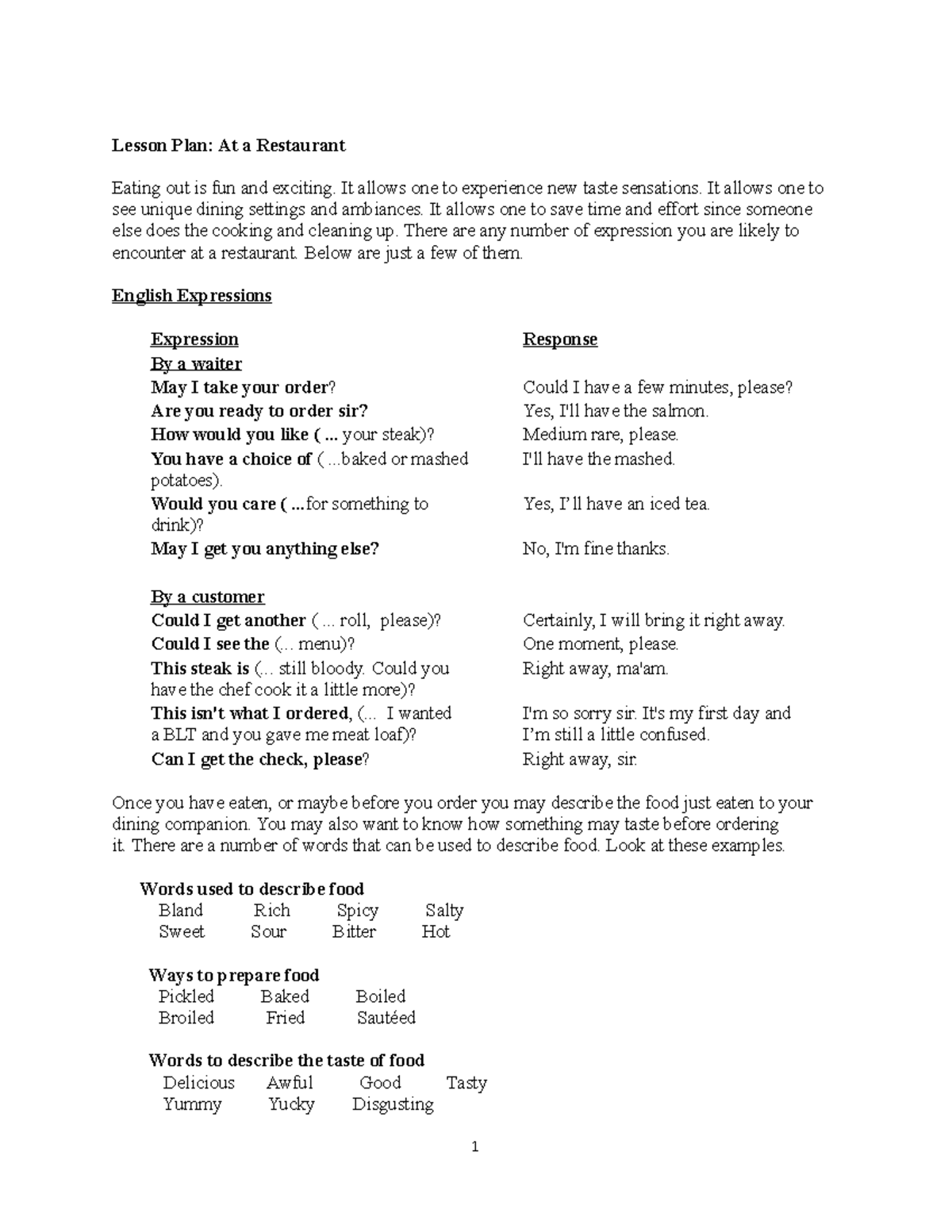 245334006 English Conversations for Waiters - Lesson Plan: At a ...