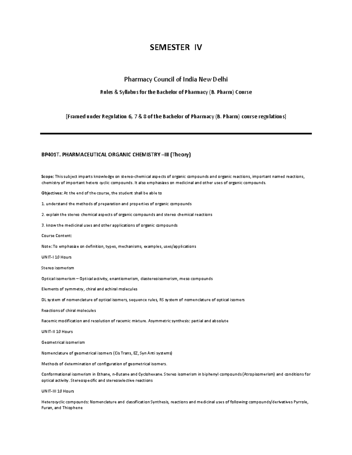 B Pharm 4th Semester Syllabus - SEMESTER IV Pharmacy Council of India ...