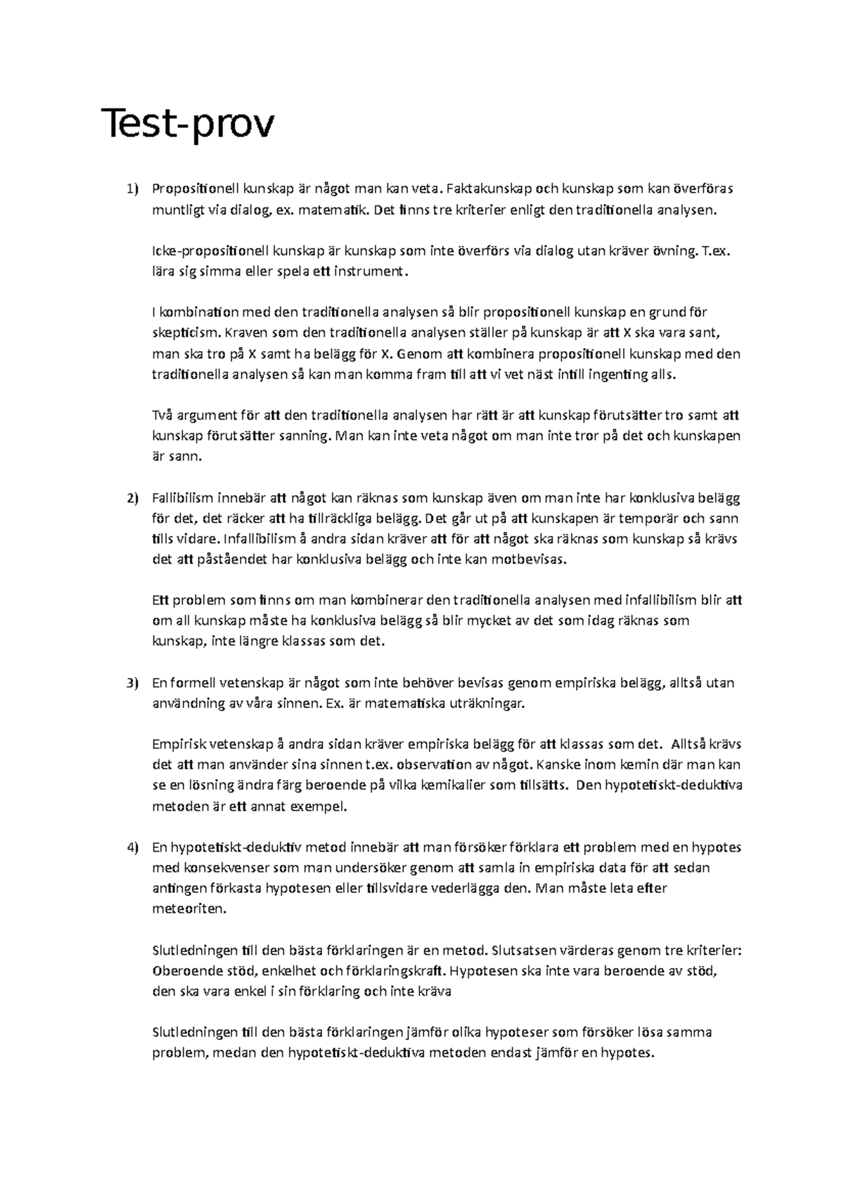 Övningstentor november 2018, svar - Test-prov 1) Propositionell kunskap ...