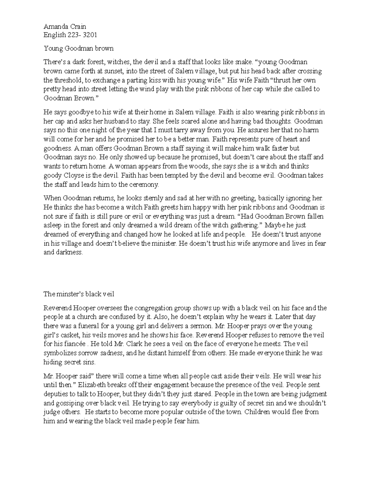 Young Goodman brown and black veil - Amanda Crain English 223- 3201 ...