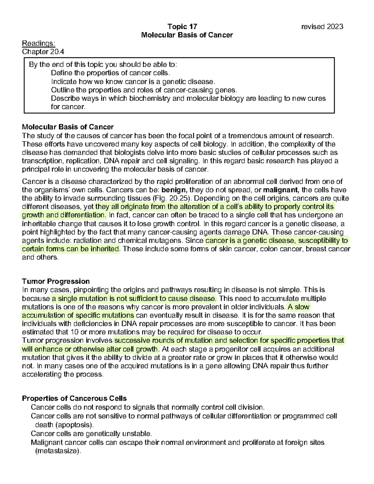 Topic 17 Lecture Notes 23 - Topic 17 revised 2023 Molecular Basis of ...