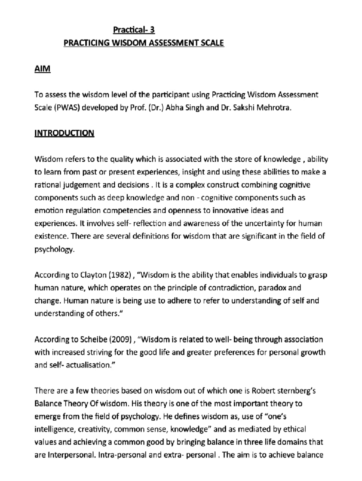 Assessing wisdom scale - AIM Practical- ####### PRACTICING WISDOM ...