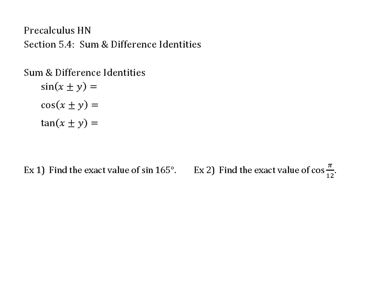 Notes+5 - In Class Work - MTH 166 - Precalculus HN Section 5: Sum ...