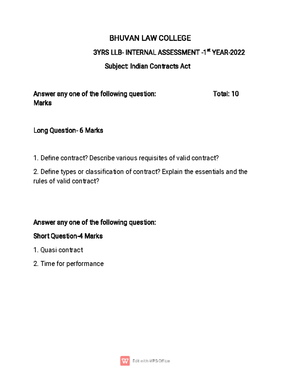 Internal Question paper - 3YRS LLB- INTERNAL ASSESSMENT - st YEAR ...