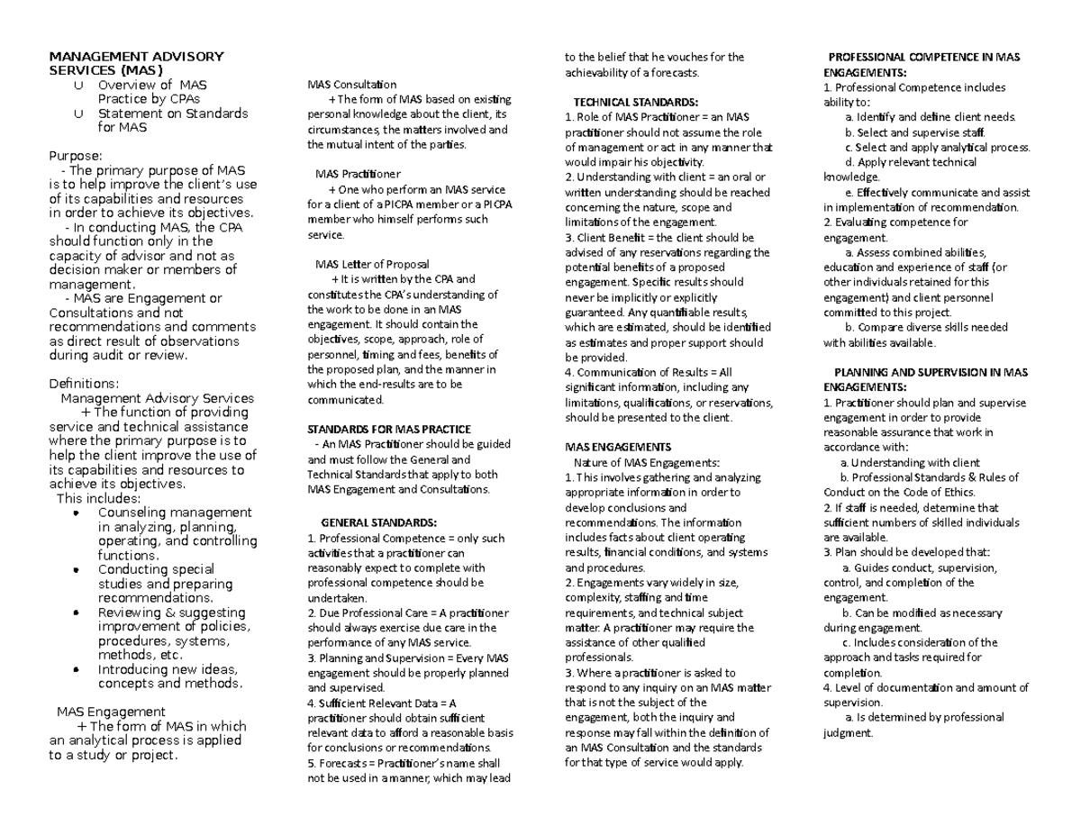 MAIN Notes - MANAGEMENT ADVISORY SERVICES (MAS) Overview of MAS ...