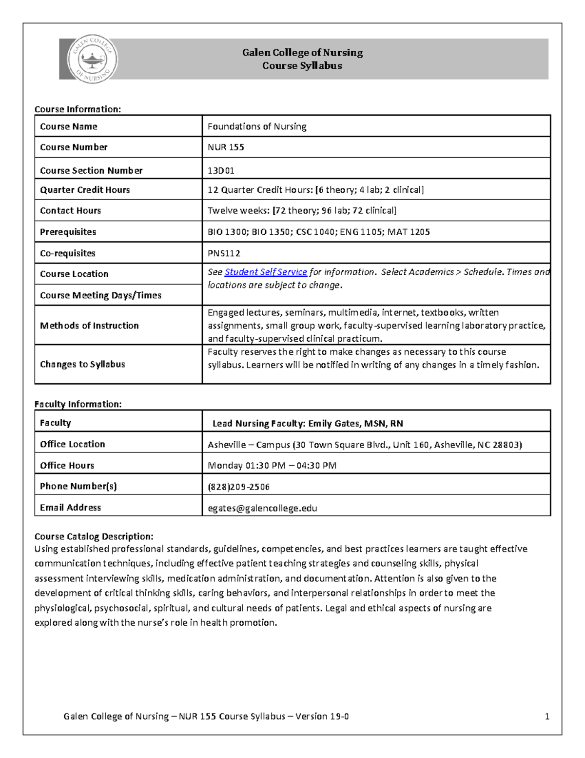 NUR 155 Syllabus Version 19-0 Gates S 13D01 Winter 2024 - Course ...