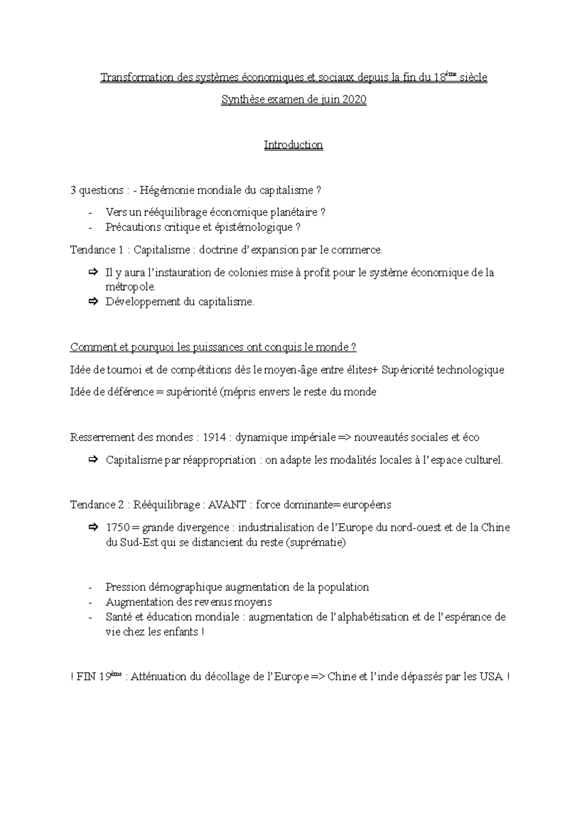 Synthèse examen de juin - Transformation des systèmes économiques et ...