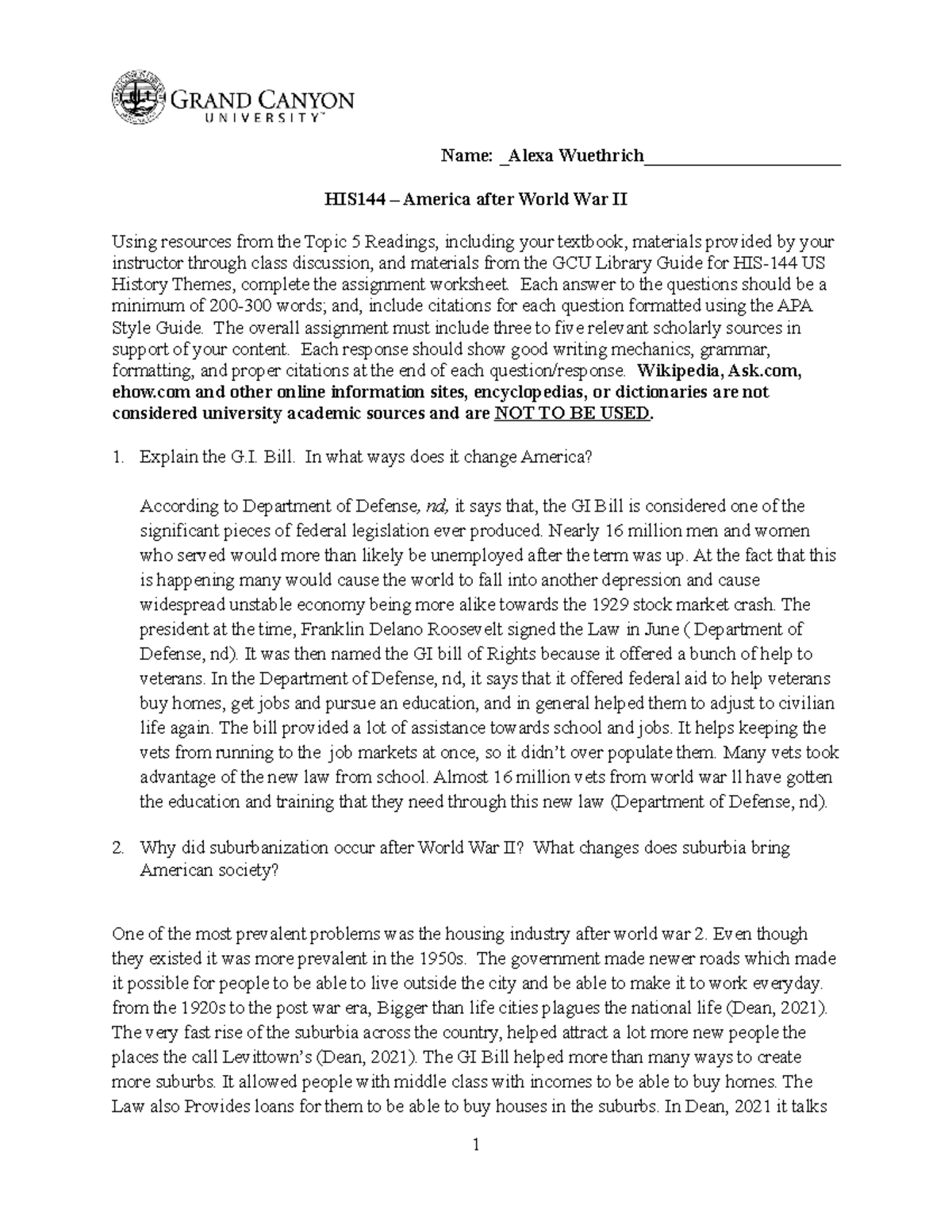 America after World War 2 - Each answer to the questions should be a ...