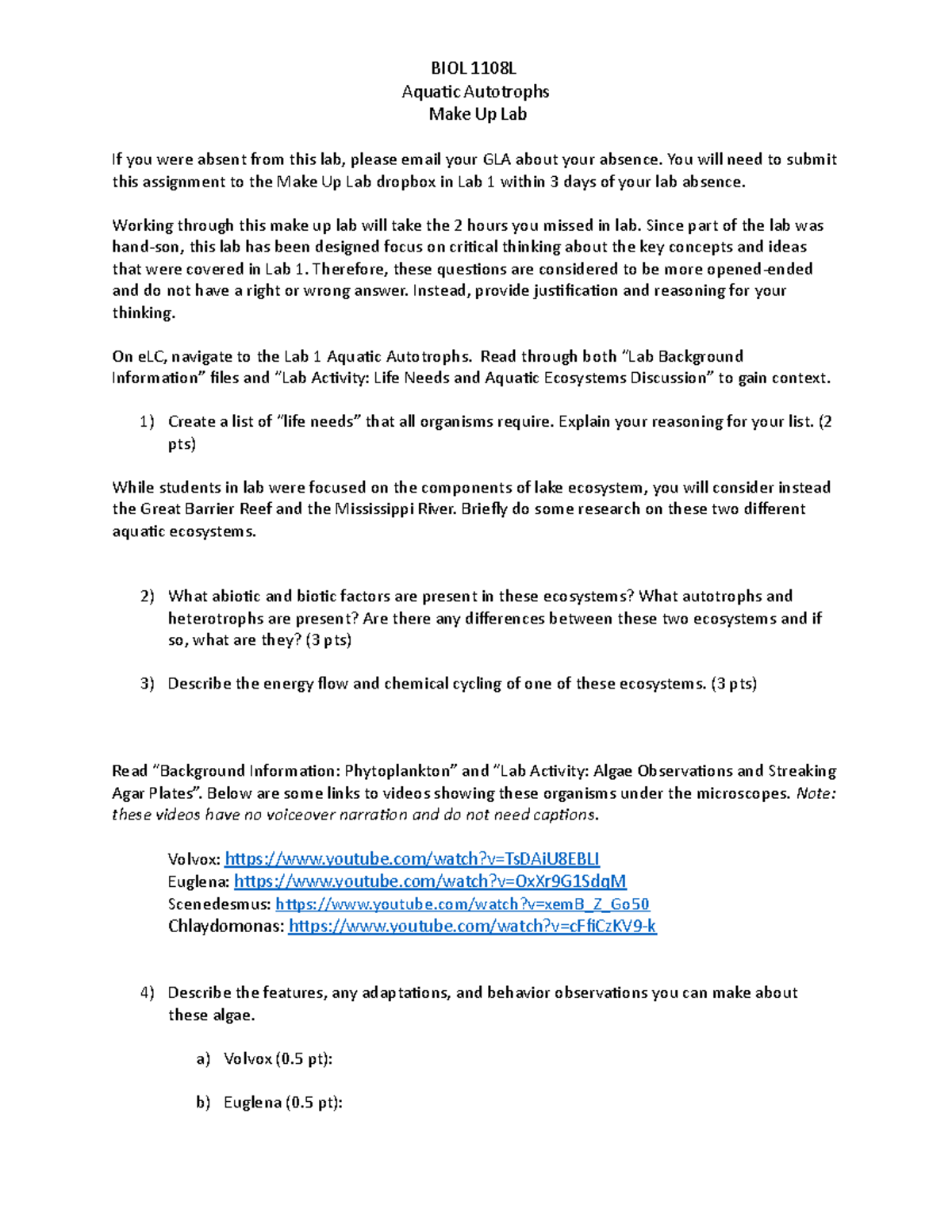 BIOL 1108L Aquatic Autotrophs Make Up Lab - BIOL 1108L Aquatic Autotrophs Make Up Lab If you ...