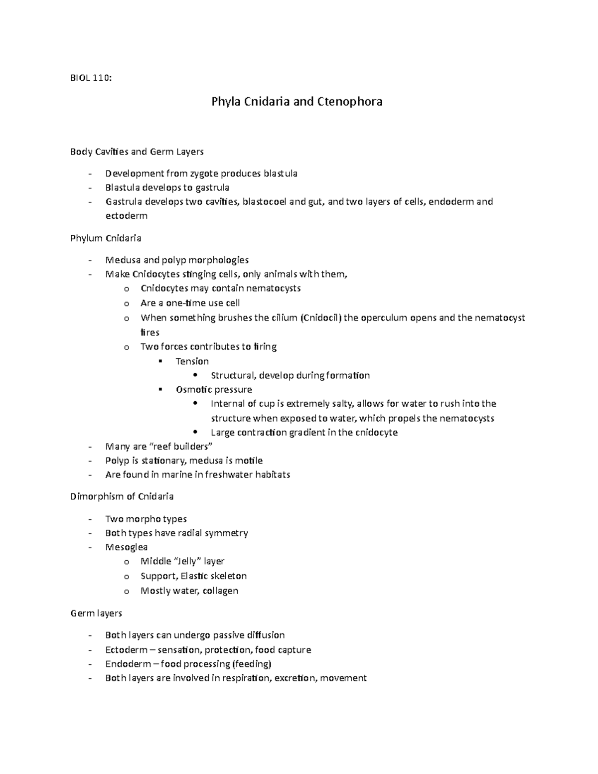 Phyla Cnidaria and Ctenophora - BIOL 110: Phyla Cnidaria and Ctenophora ...