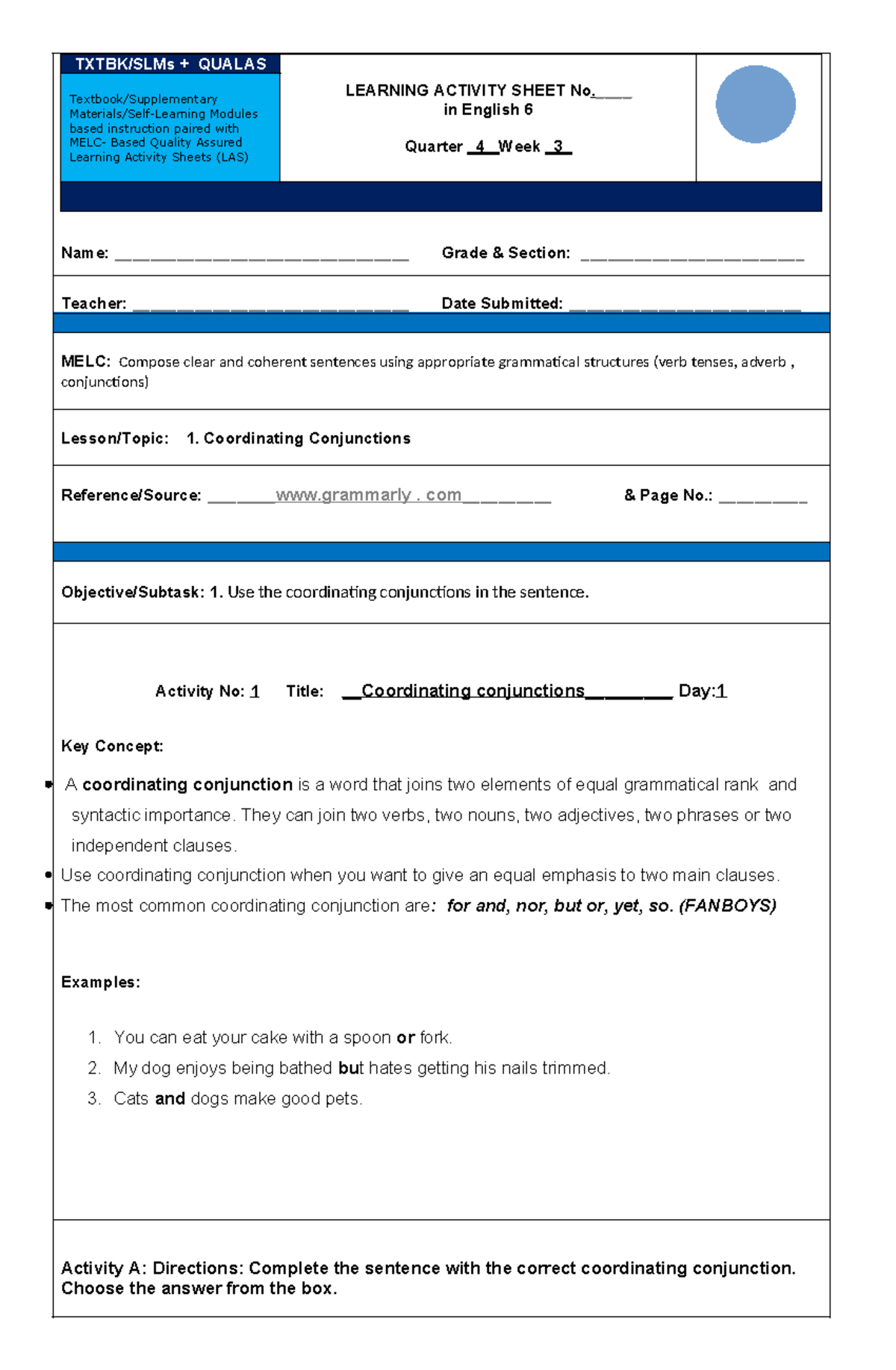 LAS Q4 W3 English - TXTBK/SLMs + QUALAS LEARNING ACTIVITY SHEET No ...