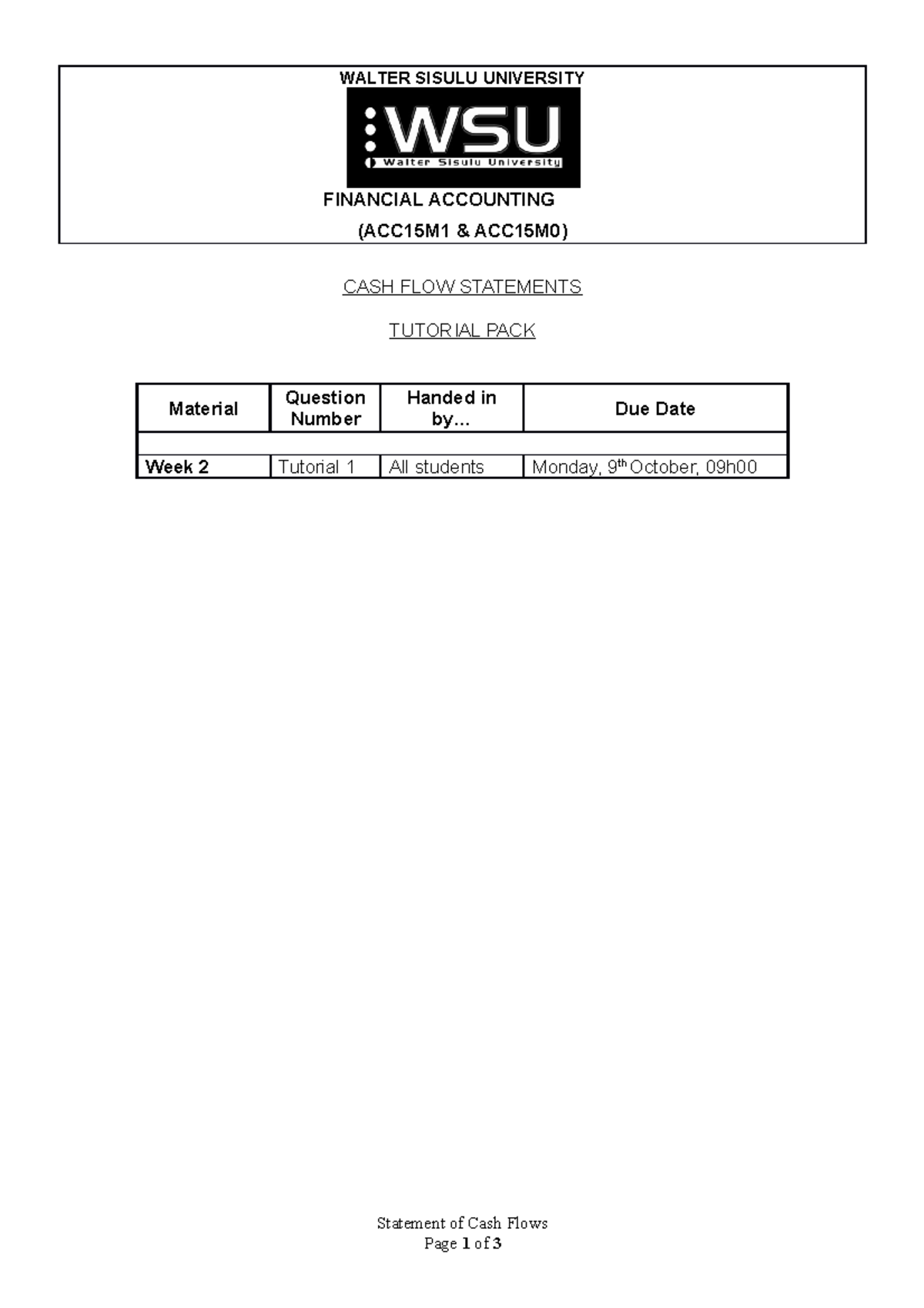 Cash flow statement week 2 - WALTER SISULU UNIVERSITY FINANCIAL ...