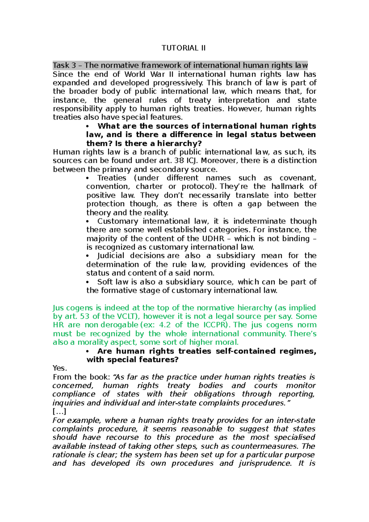 Tutorial 2 International Human Rights Law - TUTORIAL II Task 3 – The ...