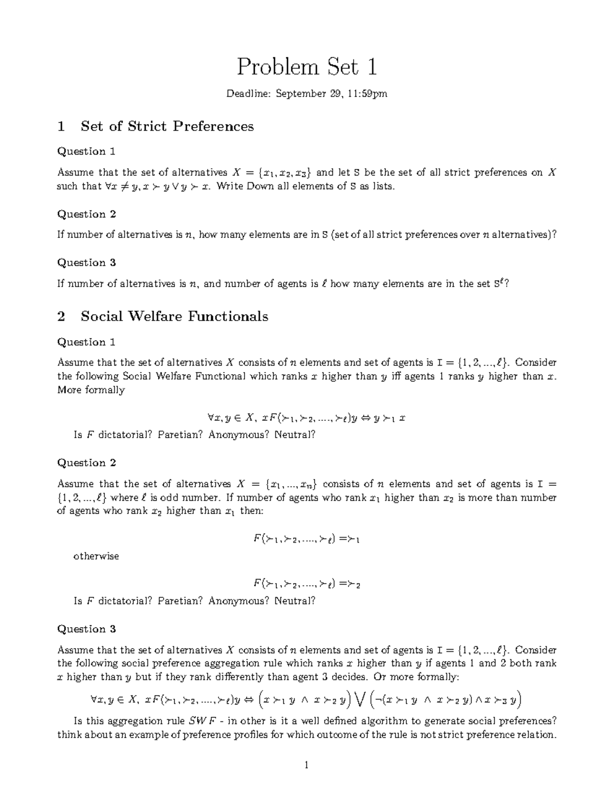 PS 1 - Problem Set 1 Deadline: September 29, 11:59pm 1 Set of Strict Preferences Question 1 ...