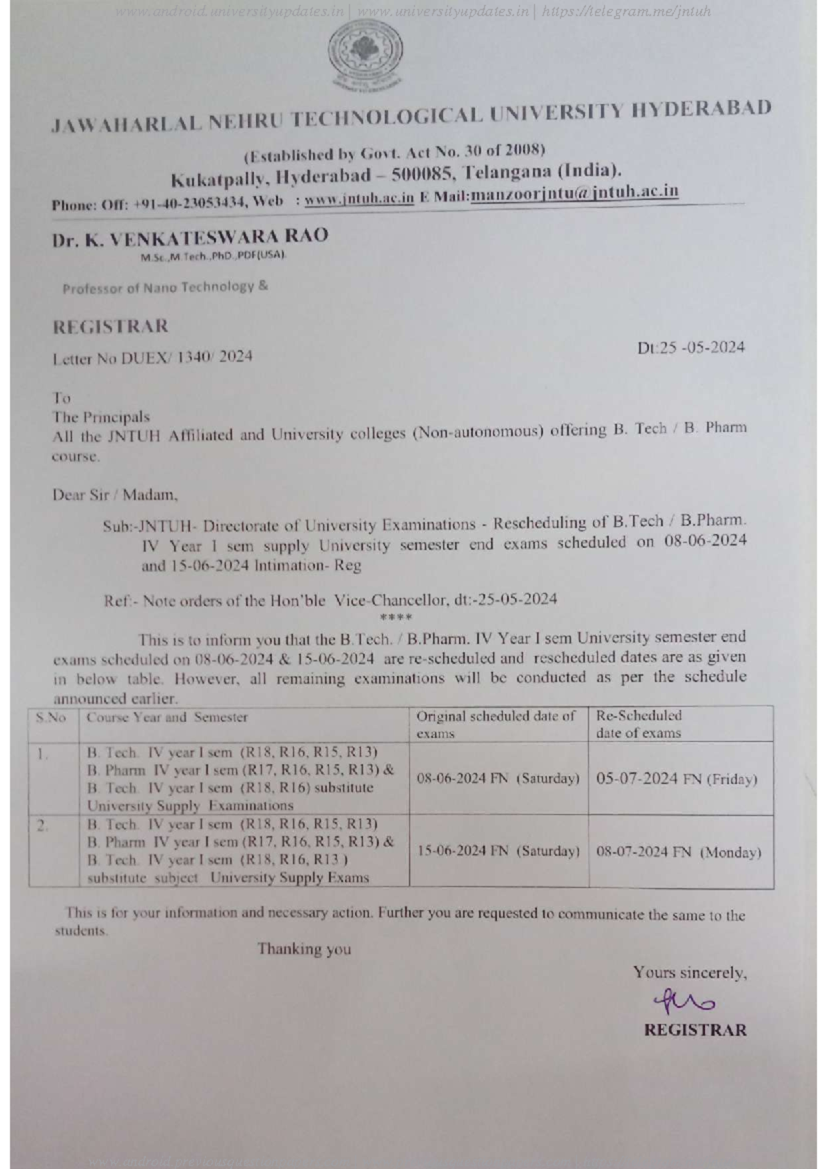 Jntuh Re Schedule of BTech Bharm IV I Supply Exams June 2024 ...