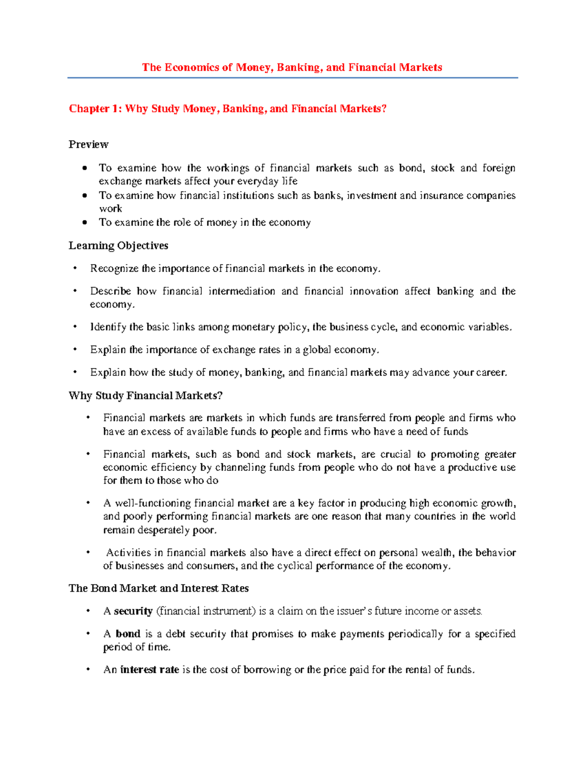Financial Markets and Institution - Note - The Economics of Money ...
