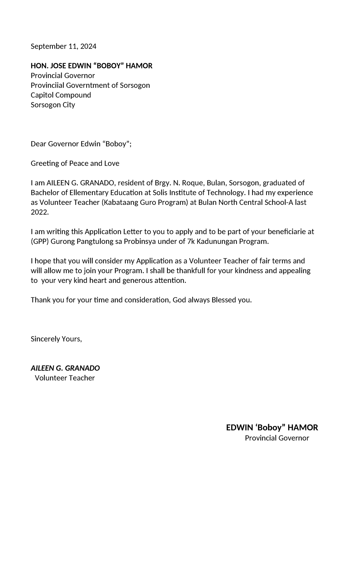 Local School Board Application Letter - September 11, 2024 HON. JOSE ...