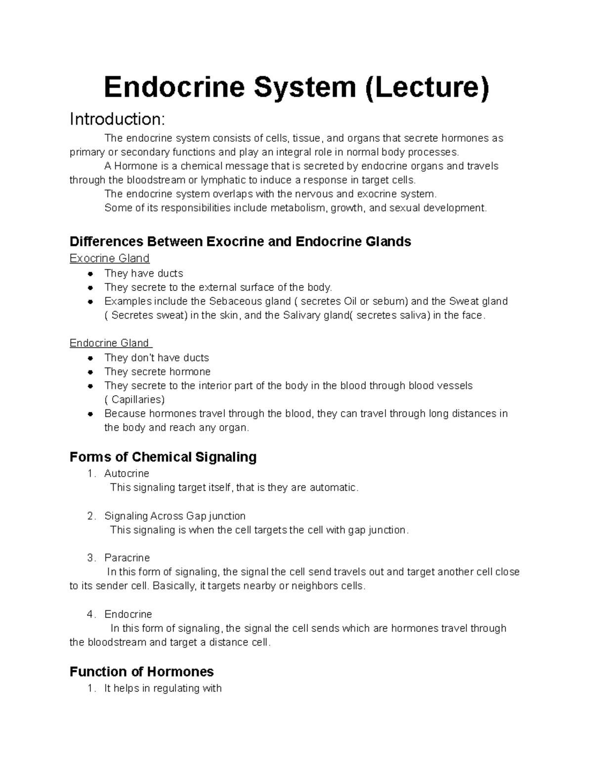 Endocrine System A&P Lecture Note - Endocrine System (Lecture ...
