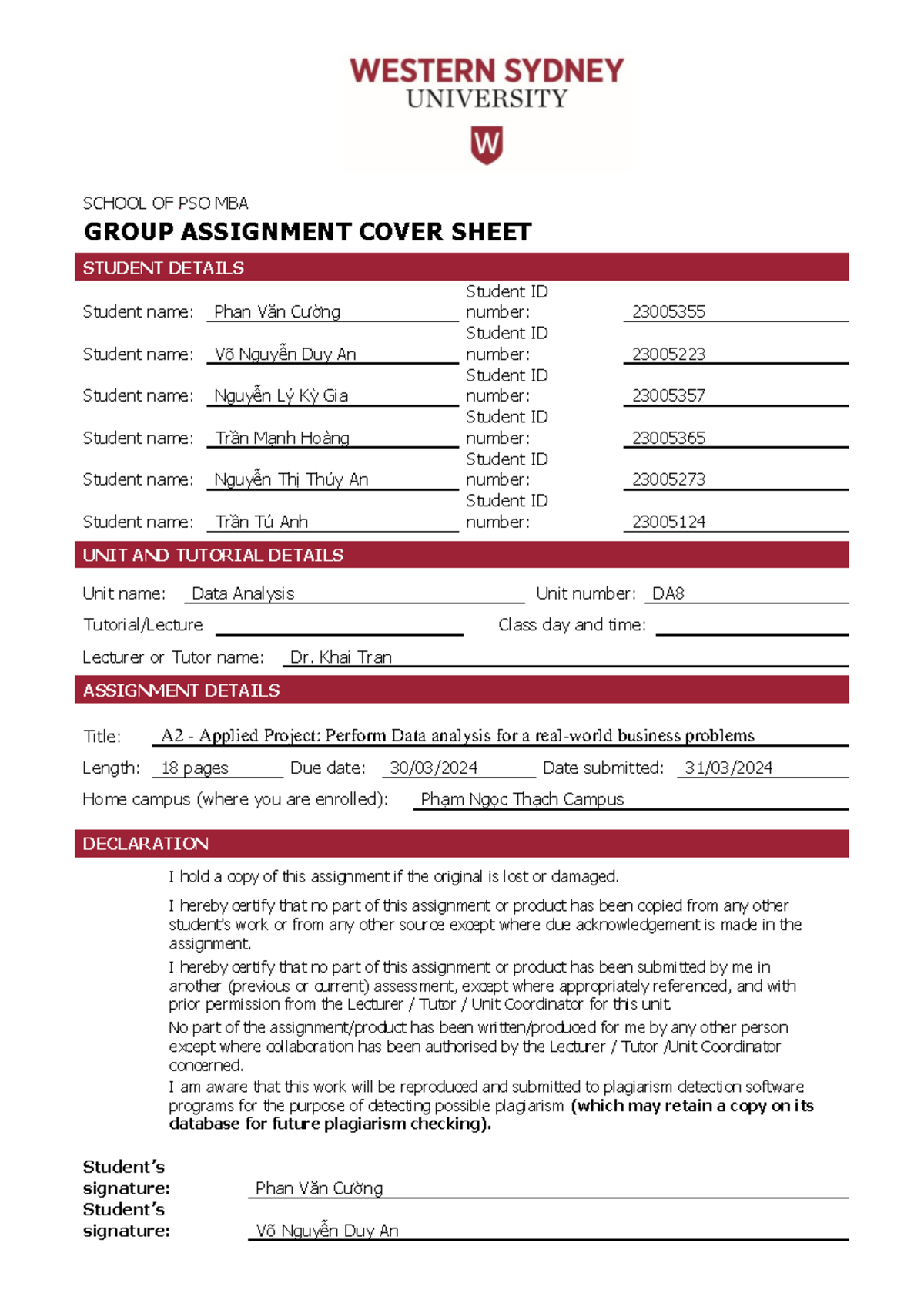 DA8 Group - Group Assignment cover sheet - SCHOOL OF PSO MBA GROUP ...