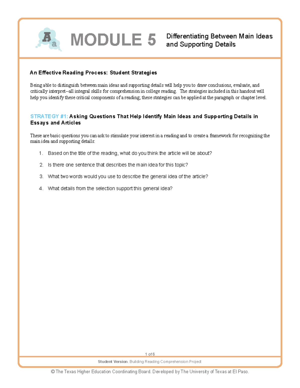 Main ideas and supporting details - MODULE 5 and Supporting Details ...