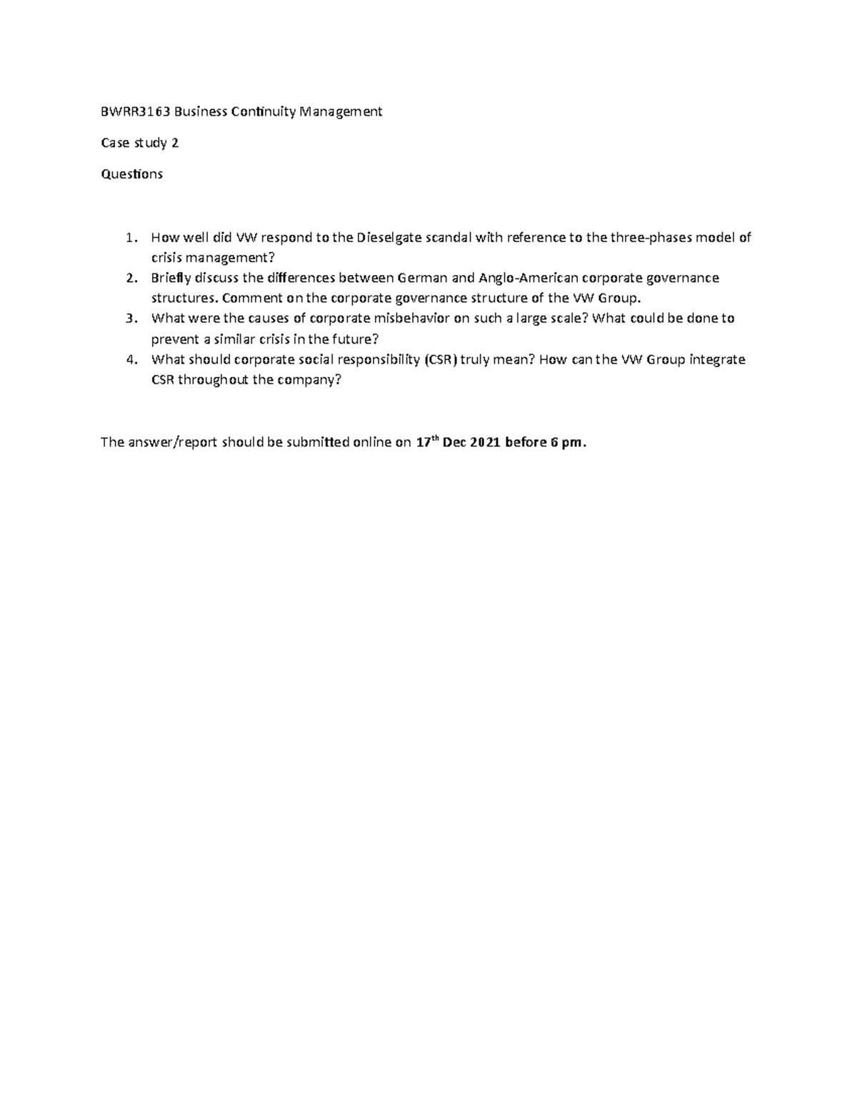 CS2 Questions - CS2 Questons - BWRR3163 Business Continuity Management ...