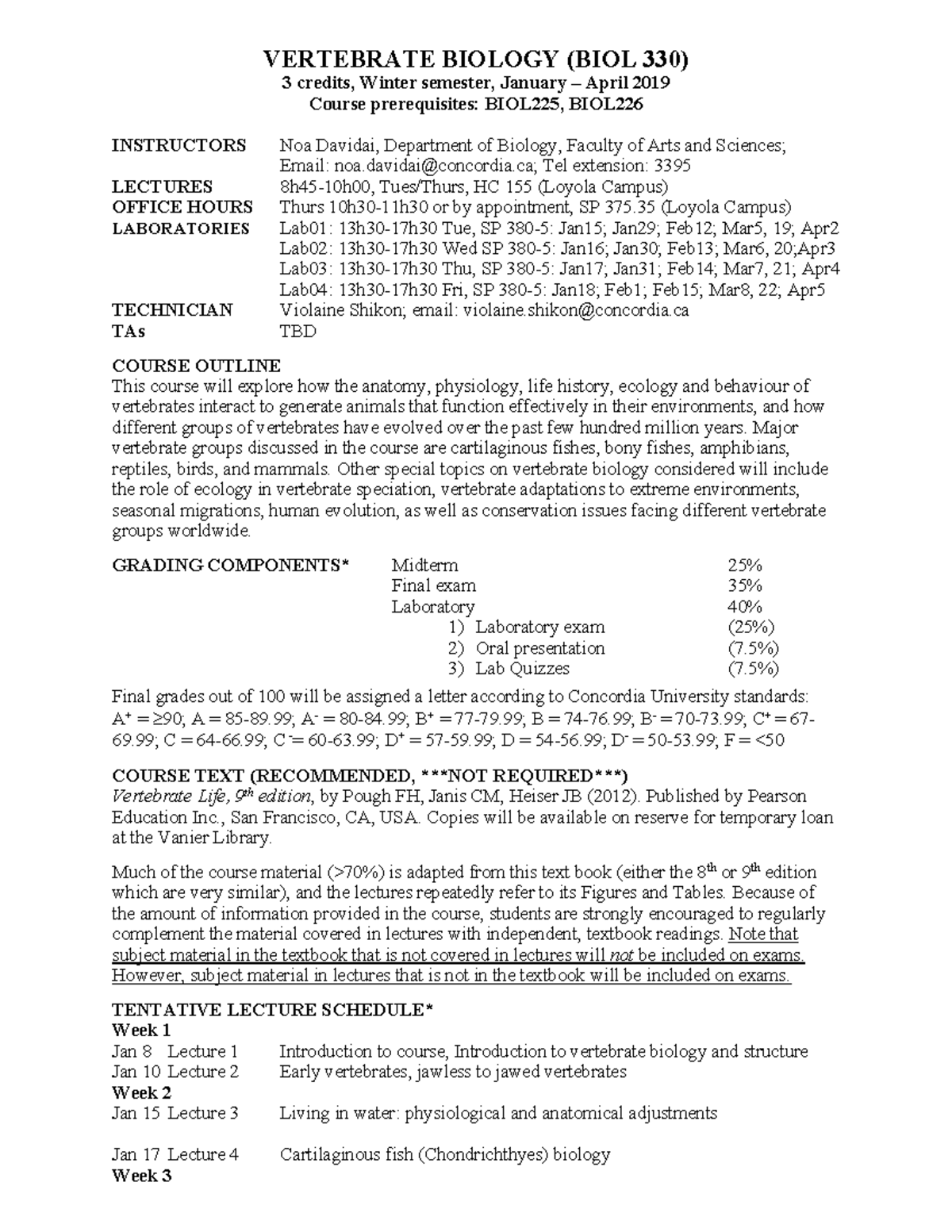 2019 Vertebrate Biology course outline - Warning: TT: undefined ...