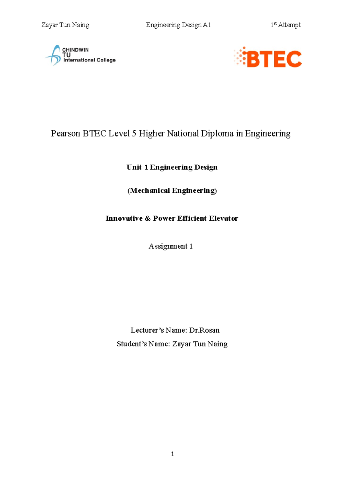 Unit1 ED A1 ME ZYTN (Nov 25) - Pearson BTEC Level 5 Higher National Diploma in Engineering Unit ...