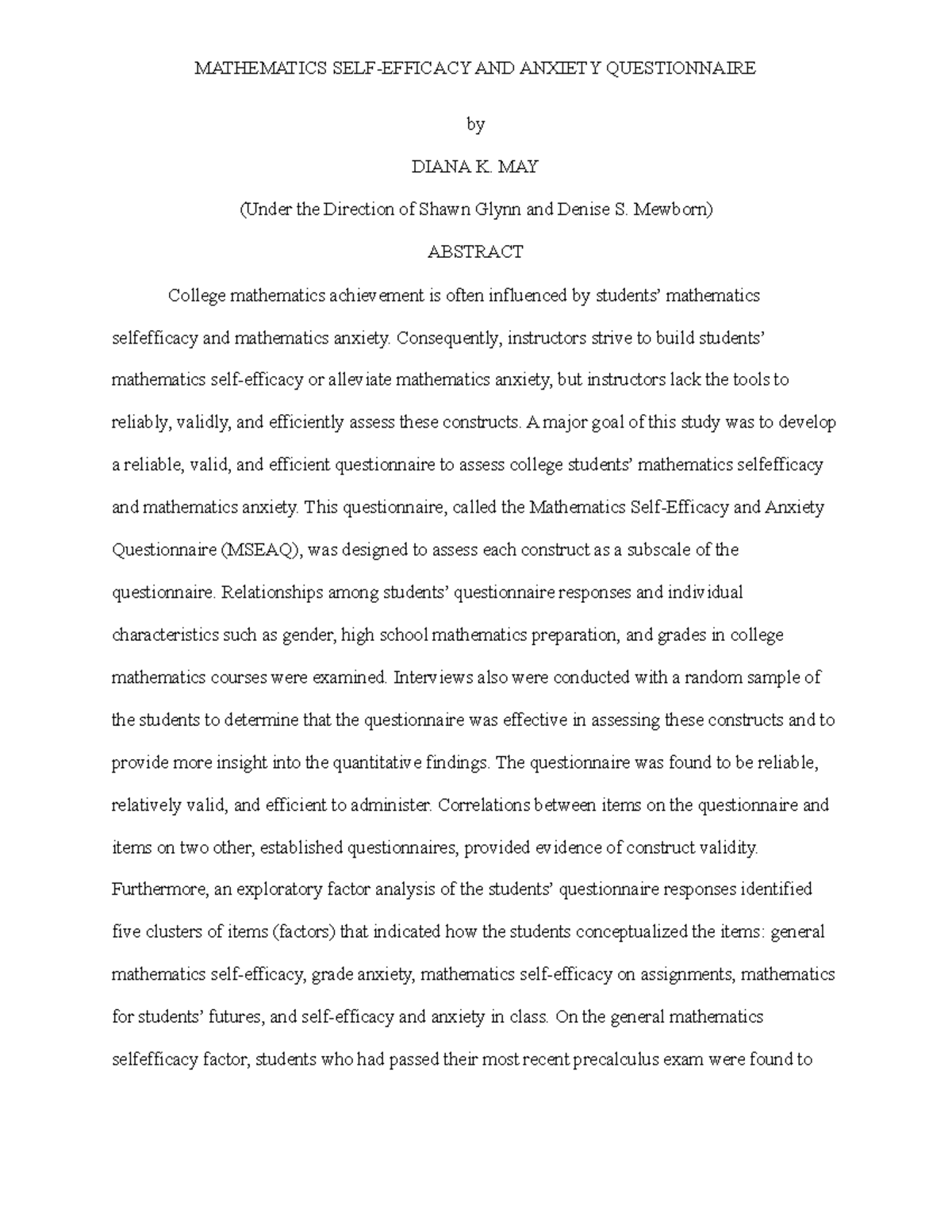 Questionnaire. mathematics - ####### MATHEMATICS SELF-EFFICACY AND ...