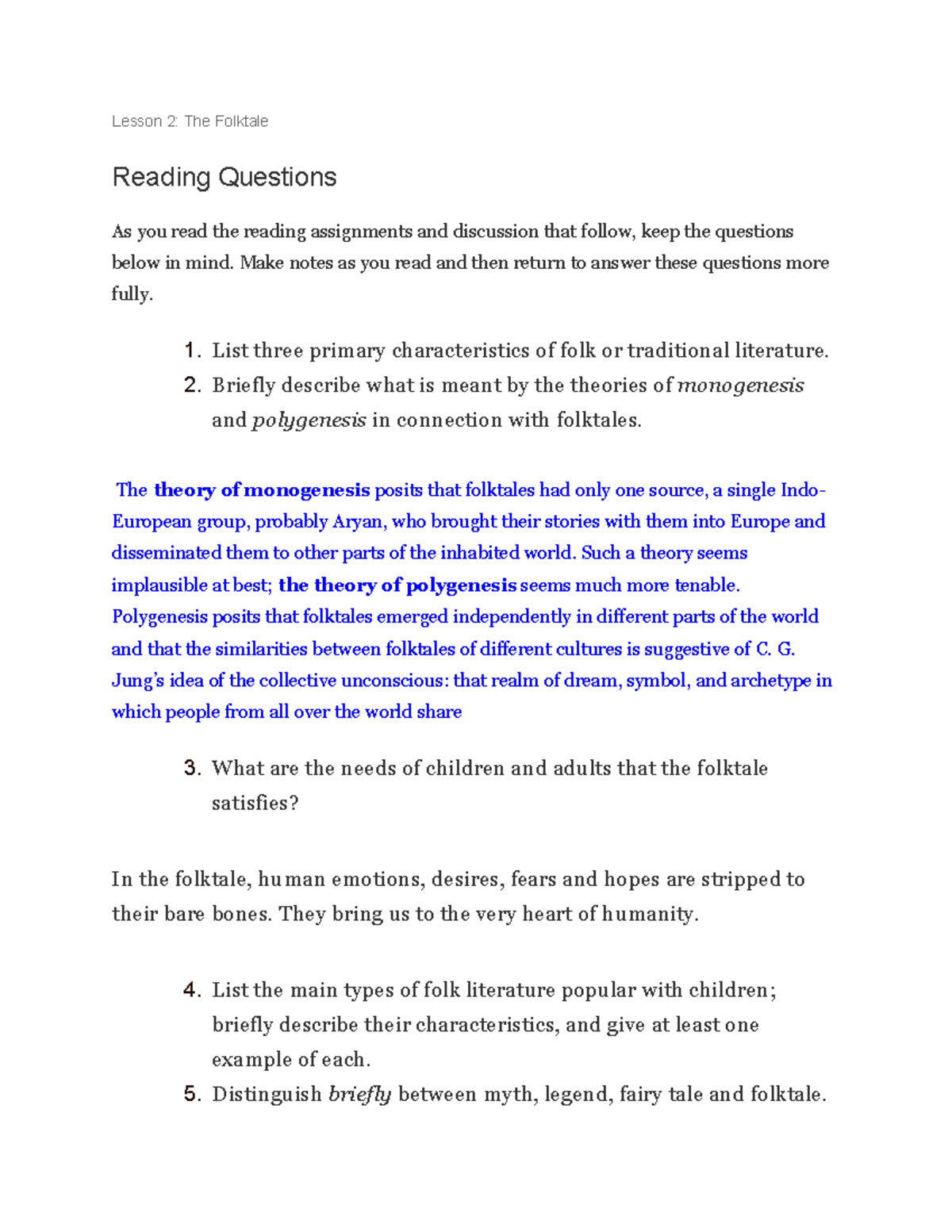 2. The Folktale - unit notes, terms and questions - Lesson 2: The ...