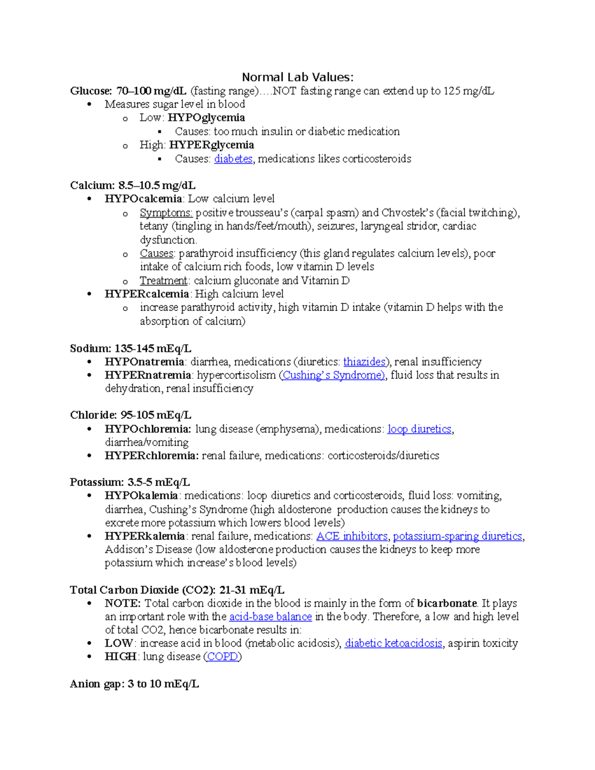 Notes - Normal Lab Values: Glucose: 70–100 mg/dL (fasting range ...