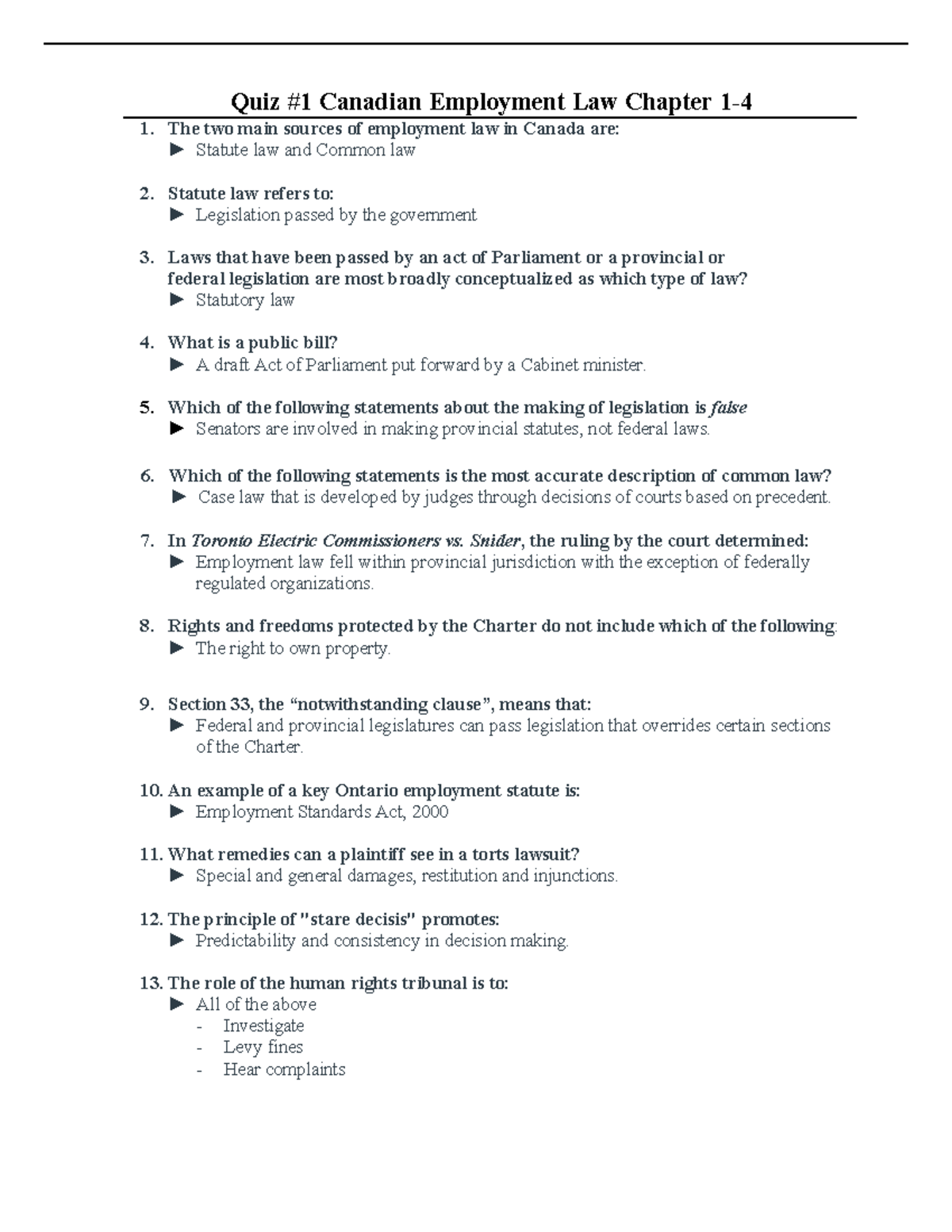 Quizzes 1 4 Employment Law Questions and Answers - Quiz #1 Canadian ...